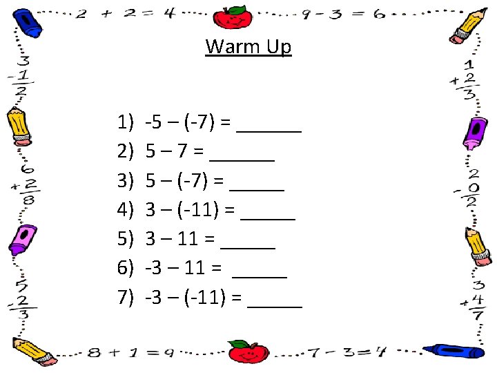 Operations with Rational Numbers Warm Ups Warm Up