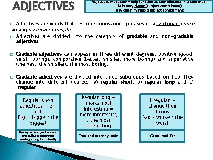 PREPOSITIONS VERBS ADJECTIVES ARTICLES NOUNS PRONOUNS ADVERBS INTERJECTIONS