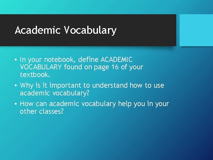 Academic Vocabulary 1 Warm Up 82815 Complete in