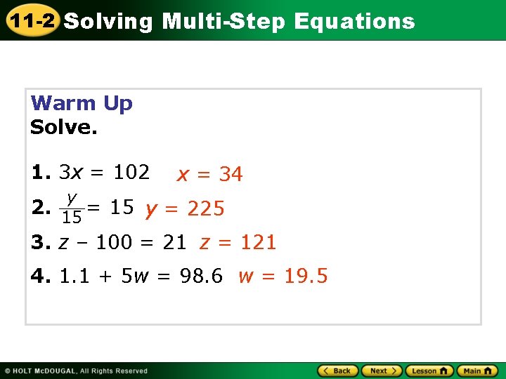 11 2 Solving MultiStep Equations Warm Up Problem