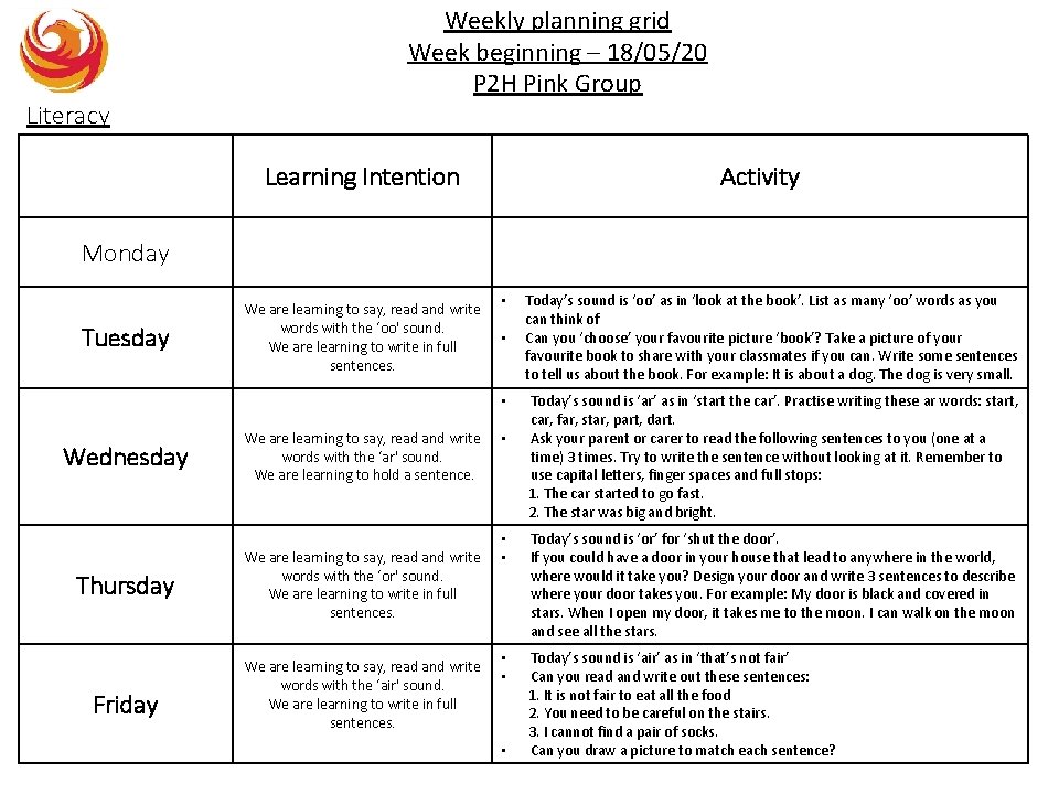 Literacy Weekly planning grid Week beginning 180520 P