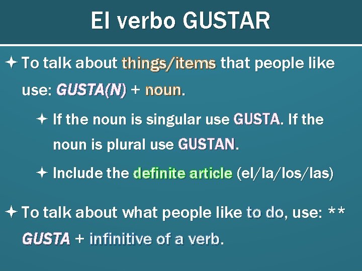 Unidad 1 El verbo GUSTAR The verb GUSTAR
