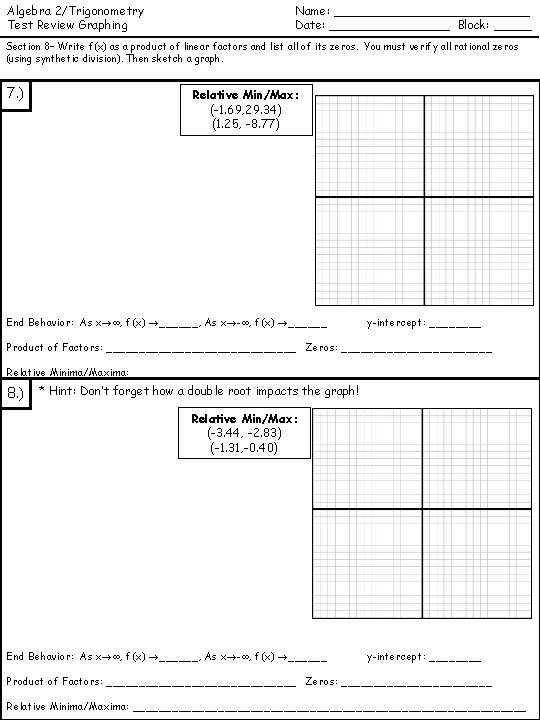 Algebra 2Trigonometry Name Unit 3 Review Date Block