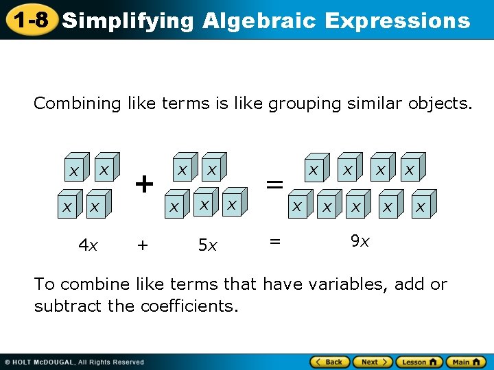 1 8 Simplifying Algebraic Expressions Warm Up Evaluate