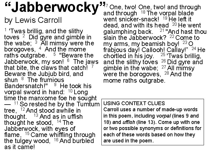 JABBERWOCKY BY LEWIS CARROLL The unit of study