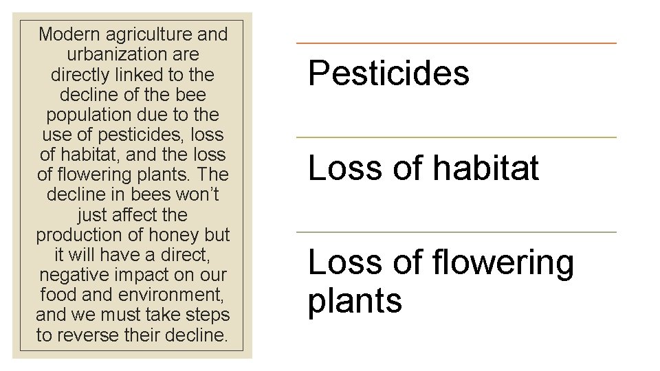 THE BEES ARE DYING Modern agriculture and urbanization