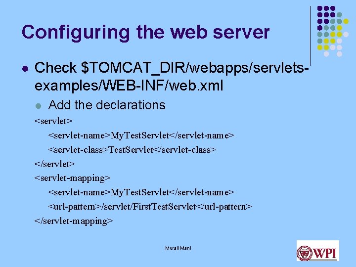 Web Interface Murali Mani Options l l l