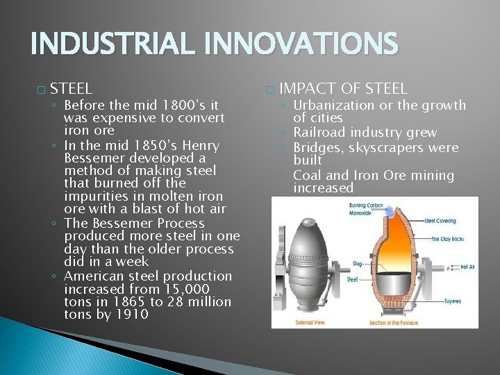 INDUSTRIAL REVOLUTION INDUSTRIAL INNOVATIONS STEEL Before the mid