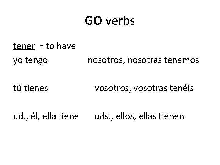 Yo Go verbs Un repaso GO verbs tener