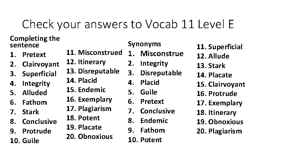 Bell Work Take out your Vocab 11 Worksheet