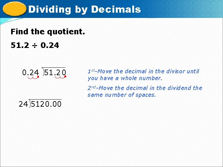 Decimal Division Dividing decimals by decimals Dividing by