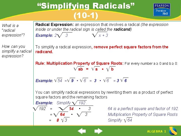 Lesson 10 1 WarmUp ALGEBRA 1 Simplifying Radicals