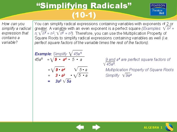 Lesson 10 1 WarmUp ALGEBRA 1 Simplifying Radicals