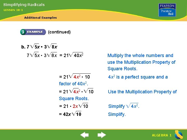 Lesson 10 1 WarmUp ALGEBRA 1 Simplifying Radicals