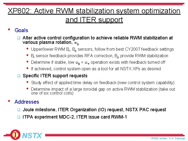 Supported by XP 802 Active RWM stabilization system