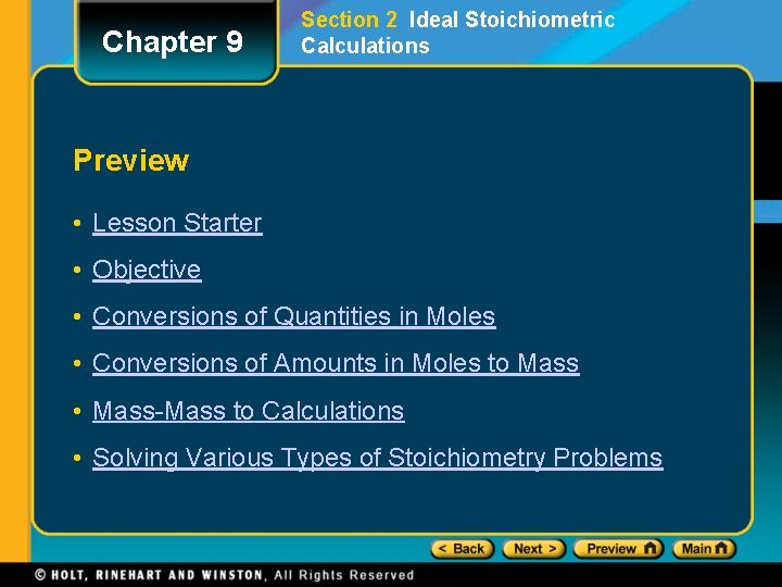 Chapter 9 Preview Lesson Starter Objective Stoichiometry Definition