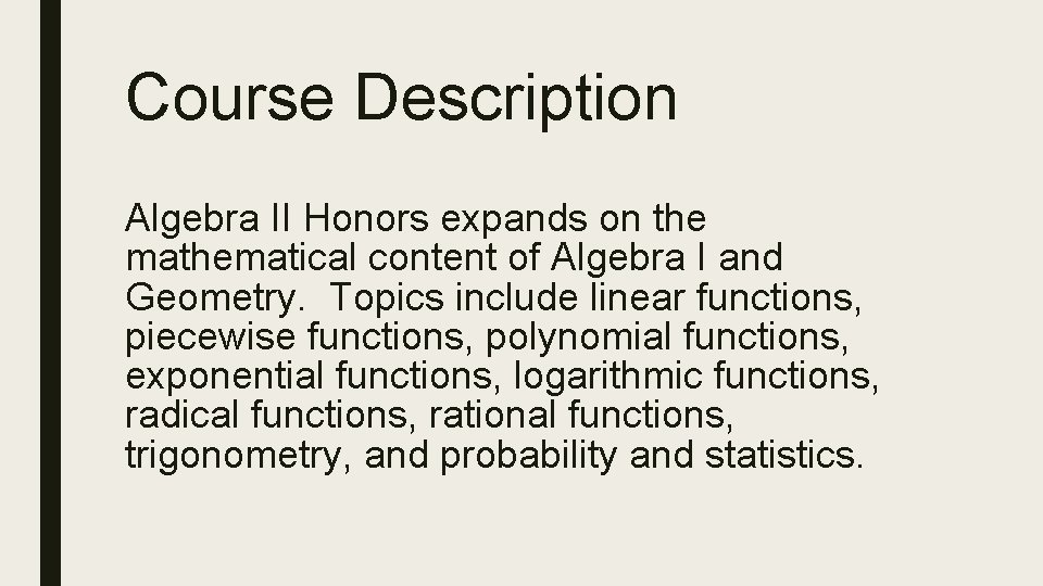 ALGEBRA II HONORS Distance Learning 2020 2021 Welcome