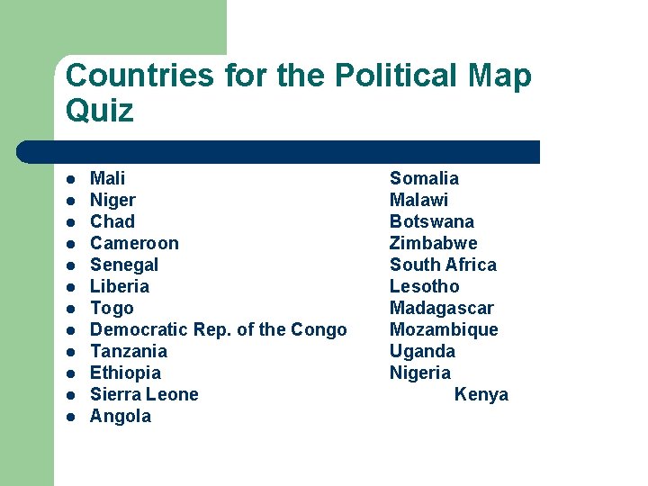 SubSaharan Africa Countries for the Political Map Quiz