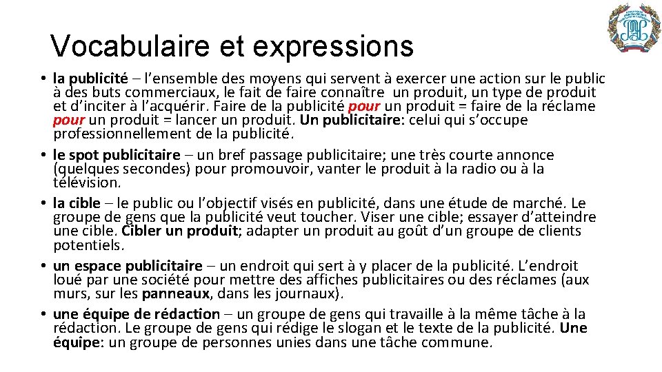 Texte 1 Lagence de publicite Vocabulaire et expressions