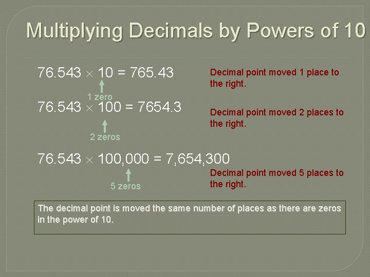 Multiplying Decimals by Powers of 10 There are