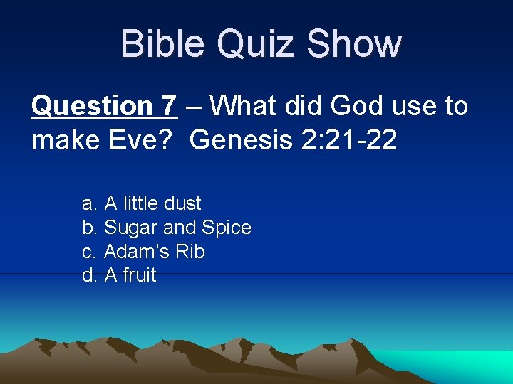 Bible Quiz Show Genesis 1 and 2 In