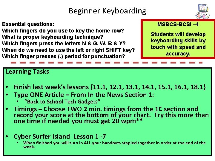 Beginner Keyboarding Touch Typing Unit Pacing Guide Weekly