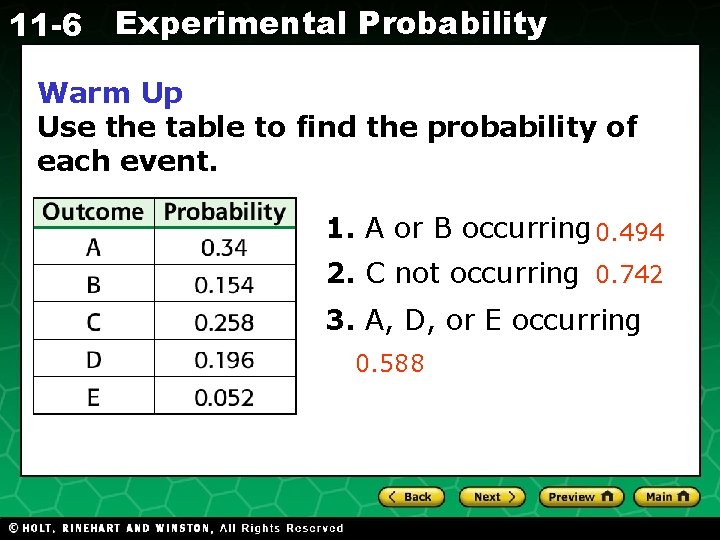 11 6 Experimental Probability Preview Warm Up California