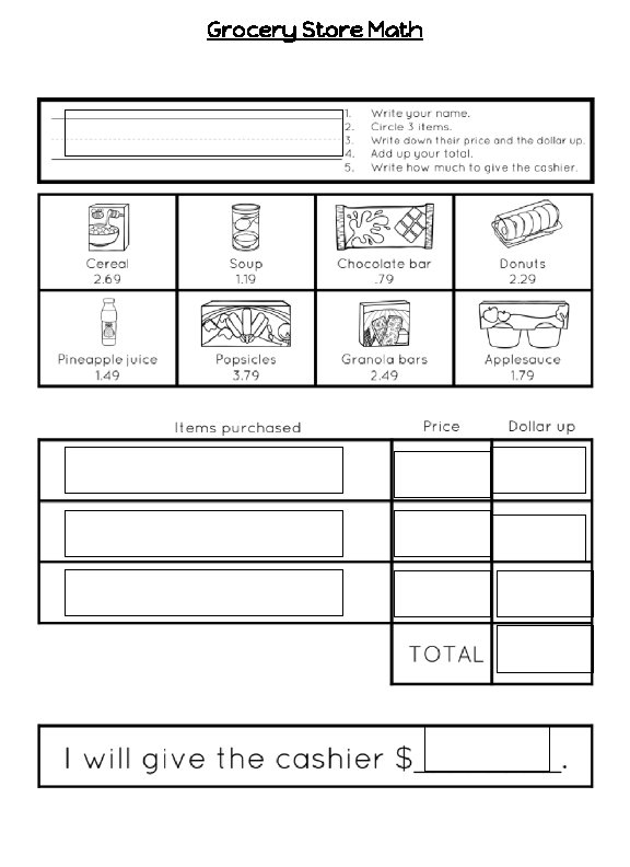 Week 8 Math Choice board Grocery Store Math