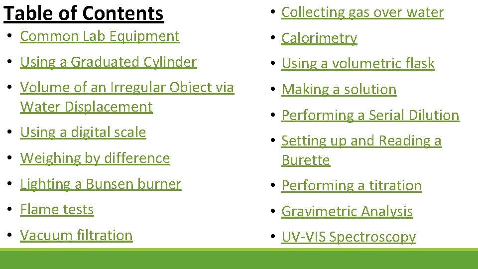Common Laboratory Techniques DVHS Chemistry Mrs Farmer Table