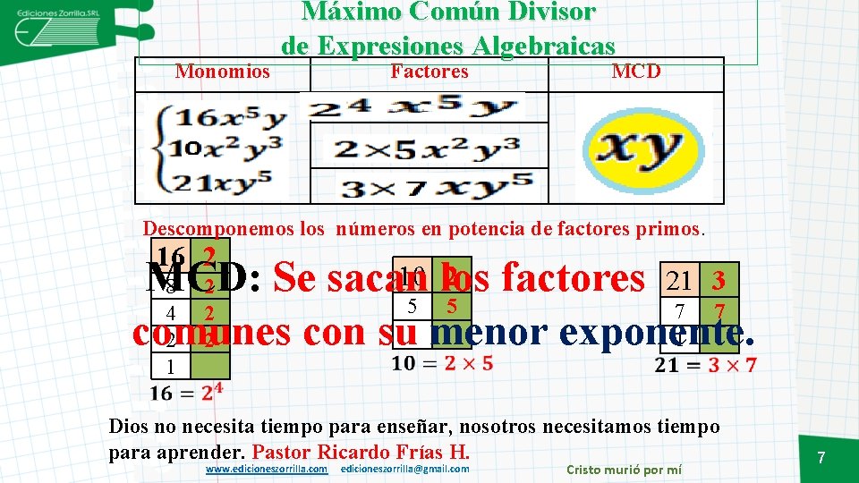 EXPRESIONES ALGEBRAICAS MONOMIOS Mximo Comn Divisor M C