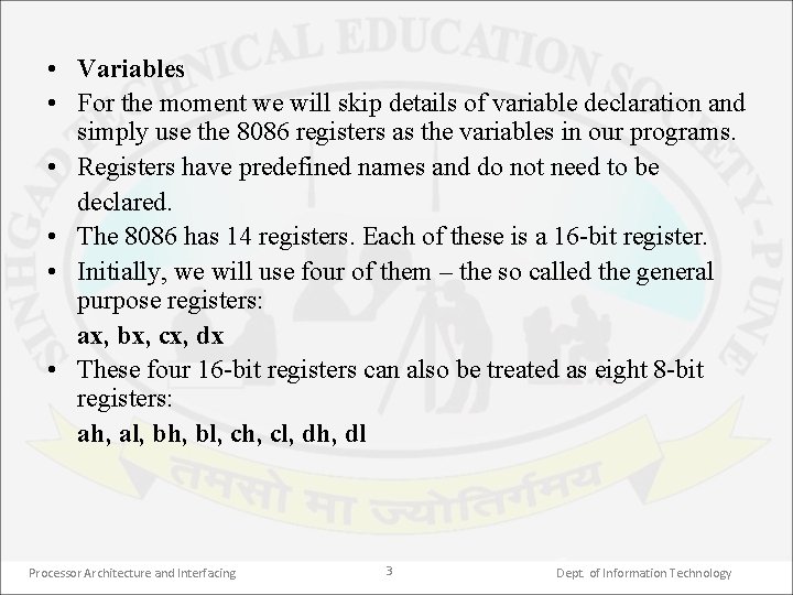 Unit II Assembly language programming Processor Architecture and