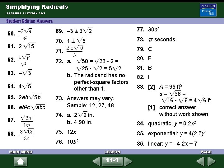 Simplifying Radicals ALGEBRA 1 LESSON 11 1 pages