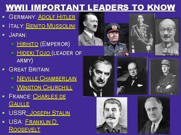 INTRO TO WWII DAY 1 TODAYS OBJECTIVES IDENTIFY