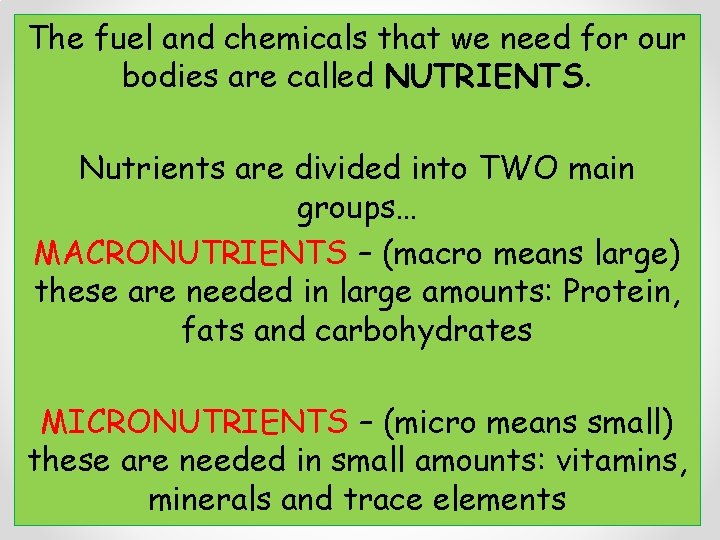 Macro nutrients Micro nutrients Todays learning objectives Can