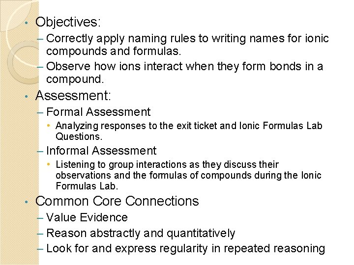 Ionic Formulas Lab Objectives Correctly Apply Naming Rules