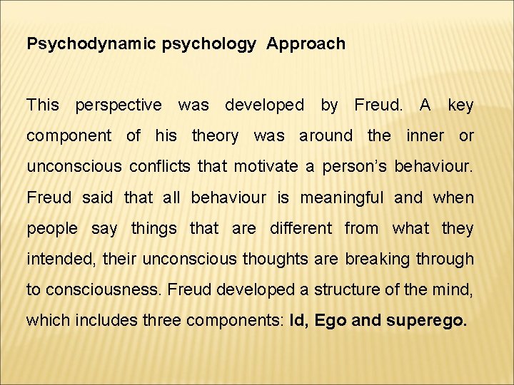 Psychodynamic psychology Approach This perspective was developed by