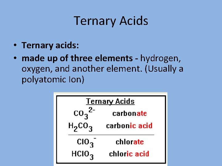 Naming Acids and Bases Binary Acids Binary acids