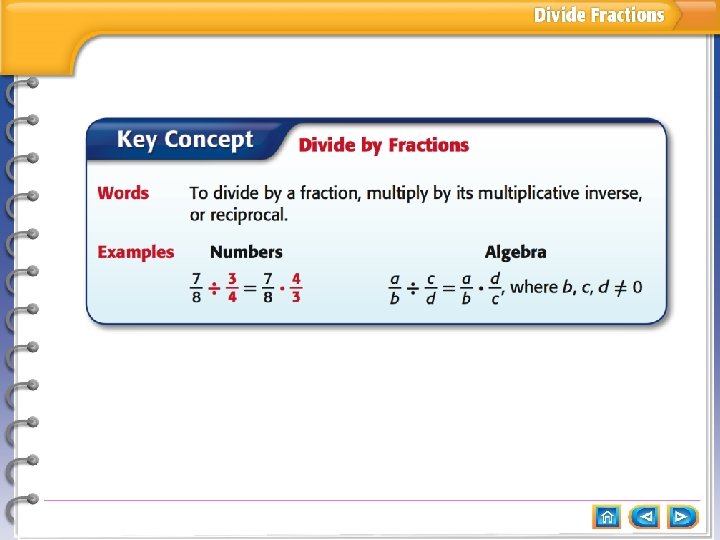 Main Idea Key Concept Divide by Fractions Example