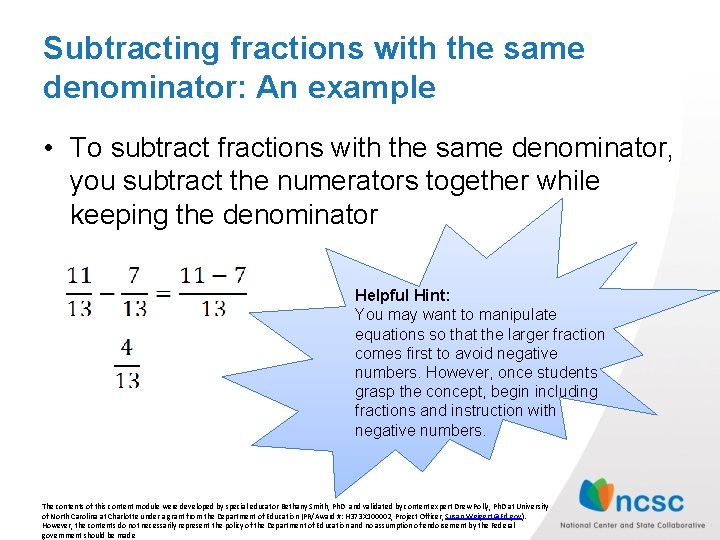 Subtraction with Fractions Words and Math Before you