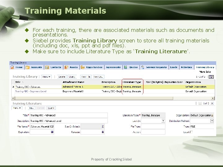 Siebel Training Module Property of Cracking Siebel Agenda