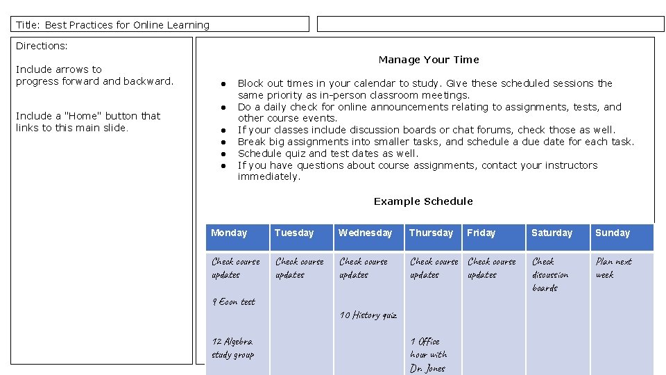 Title Best Practices for Online Learning NOTES Include