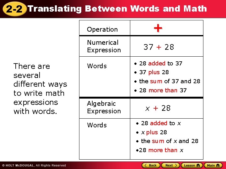 2 2 Translating Between Words and Math Learn