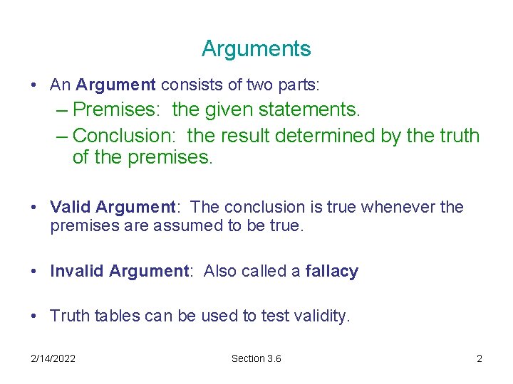 Section 3 6 Arguments and Truth Tables Objectives