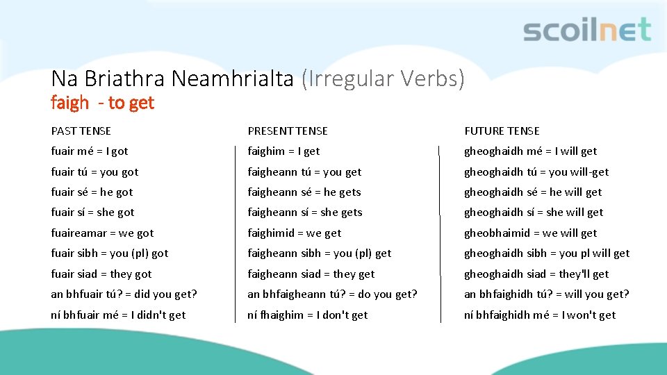 Na Briathra Neamhrialta Irregular Verbs So far we