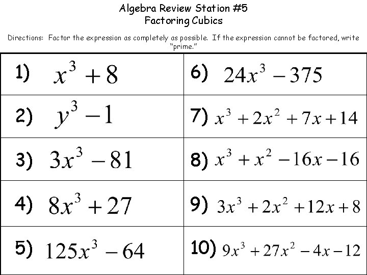 Algebra Review Station 1 Factoring when a 1