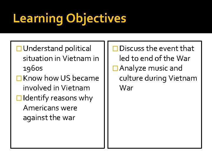 Chapter 28 Vietnam War Learning Objectives Understand political