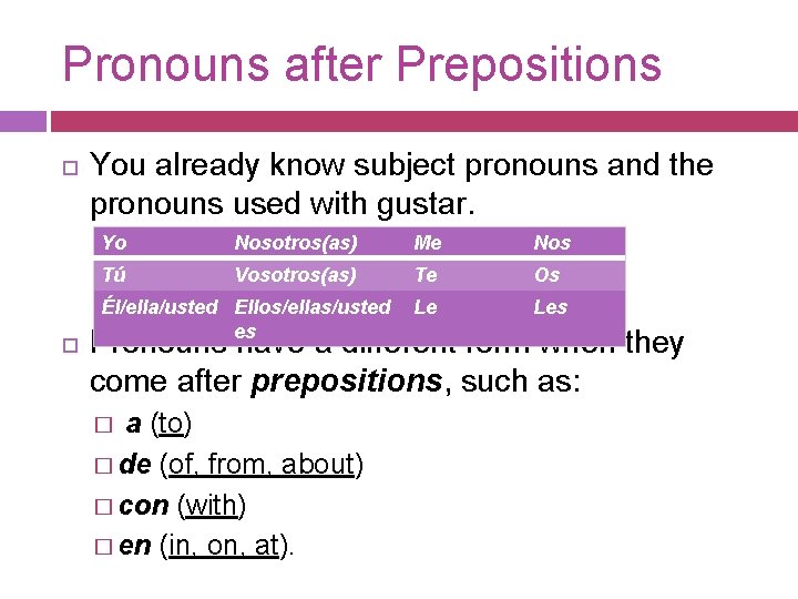LOS PRONOMBRES DESPUS DE PREPOSICIONES Espaol I Pronouns