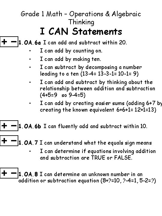 Grade 1 Math Operations Algebraic Thinking I CAN