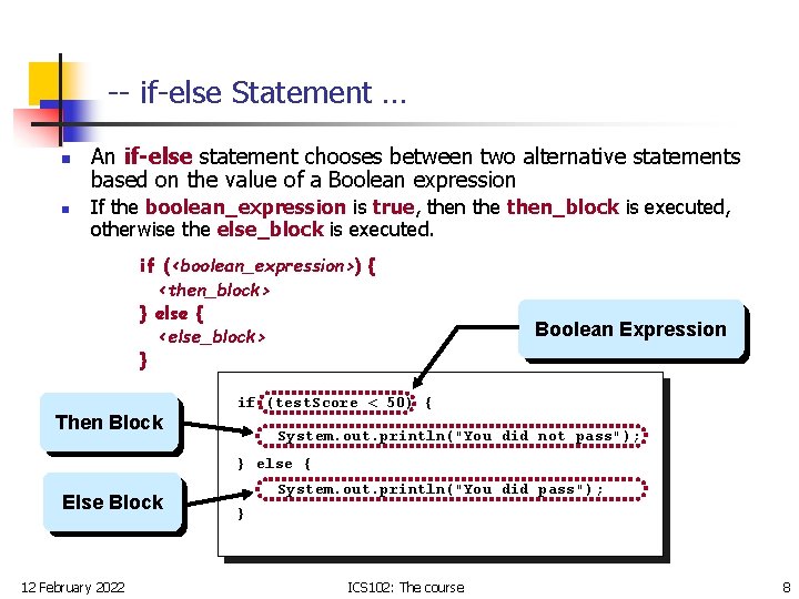 Selection Statements 12 February 2022 ICS 102 The