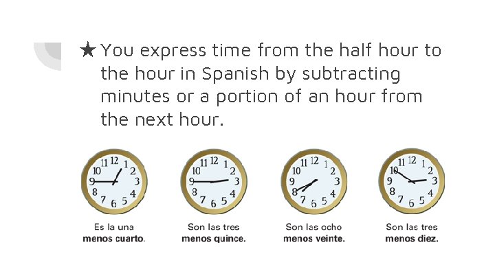 Telling Time In both English and Spanish the
